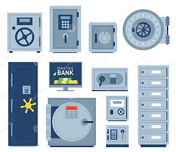 Cartoon Metal Safe Boxes. Different Types Code Locks. Secure Cash ...