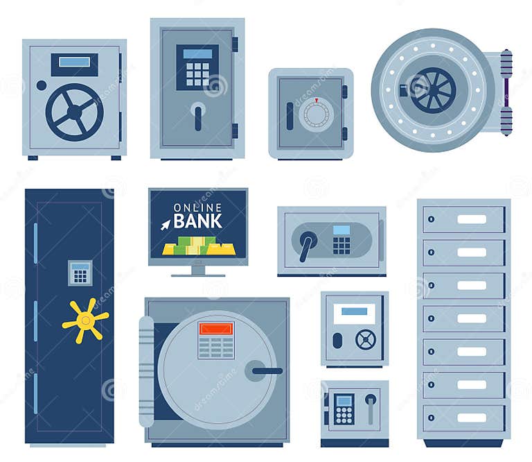 Cartoon Metal Safe Boxes. Different Types Code Locks. Secure Cash ...