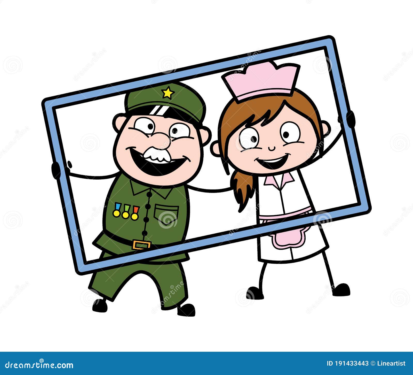 Cartoon Military Man in Frame with Waitress Stock Illustration ...