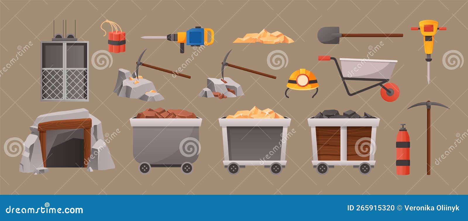 Cartoon Mining Elements. Mine Cave Entrance, Mining Elevator and Tools ...