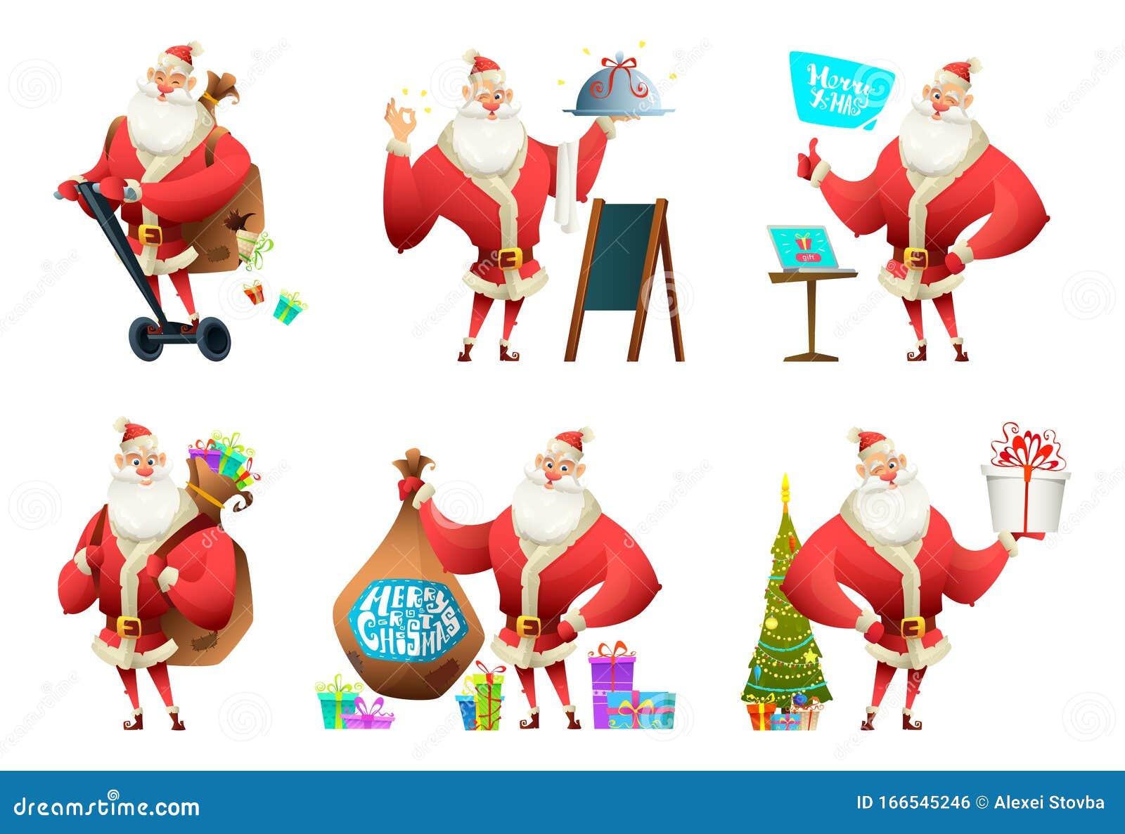 Cartoon Modern Design Set of Santa Claus Poses. Santa in Different ...