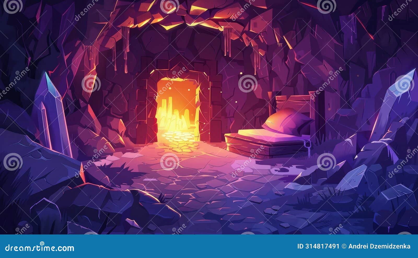 Cartoon Modern Illustration of an Ancient Cavern with Crystals, Rocks ...