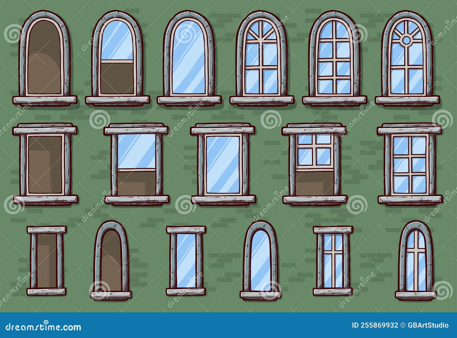 Cartoon Modern Windows in Frame on a Brick Wall Stock Vector ...