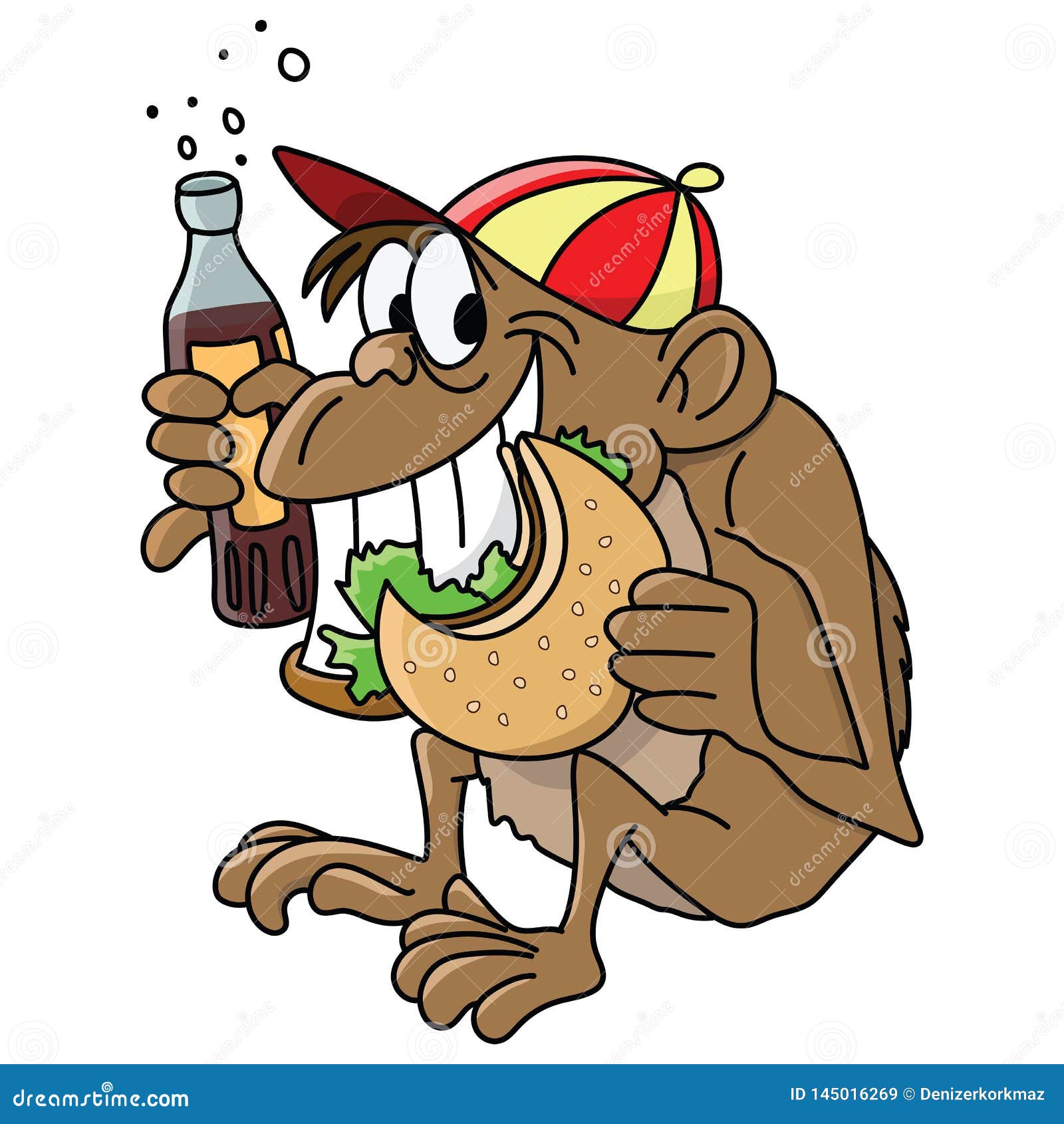 Cartoon Monkey Eating Hamburger and Drinking Cola Vector Stock Vector ...