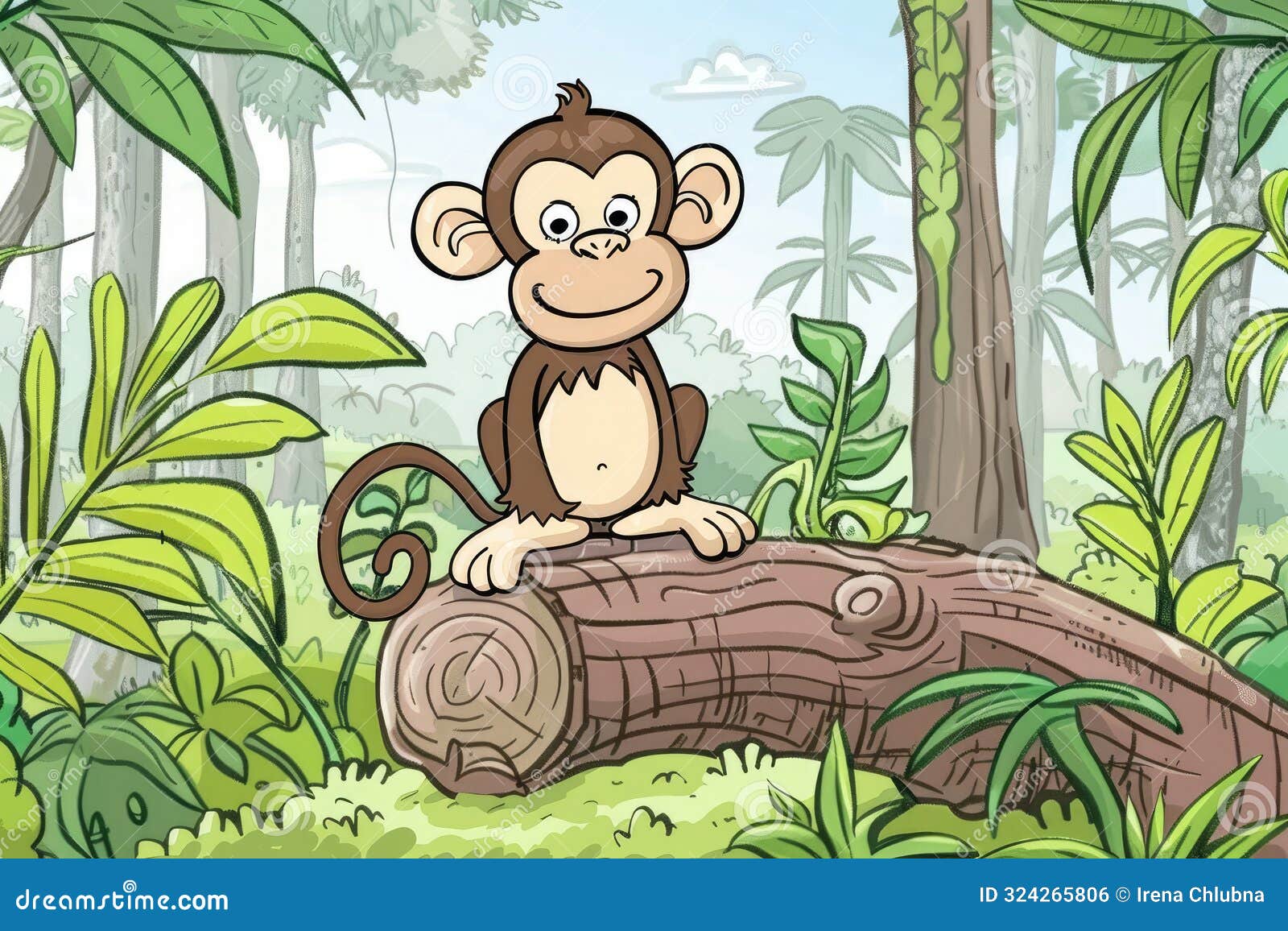 Cartoon Monkey Sitting on a Tree Branch, Set Against a Background of ...