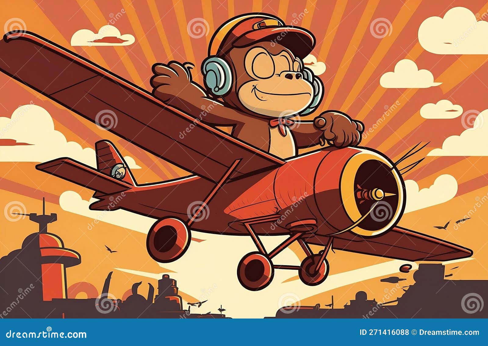 Cartoon Monkey Takes Flight As Pilot Stock Illustration - Illustration ...