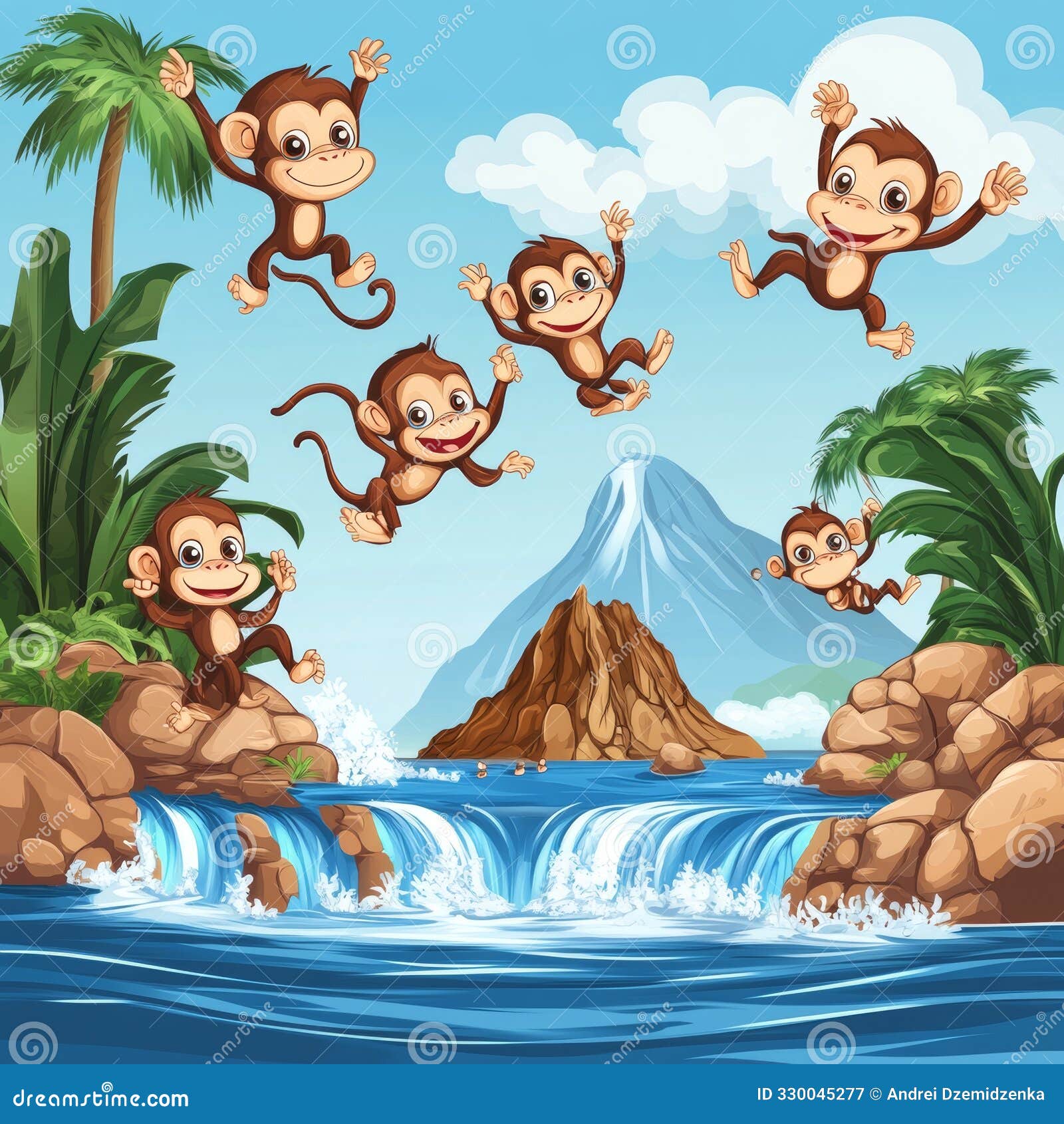 Cartoon with Monkeys Relaxing by the River while a Volcano Erupts Stock ...