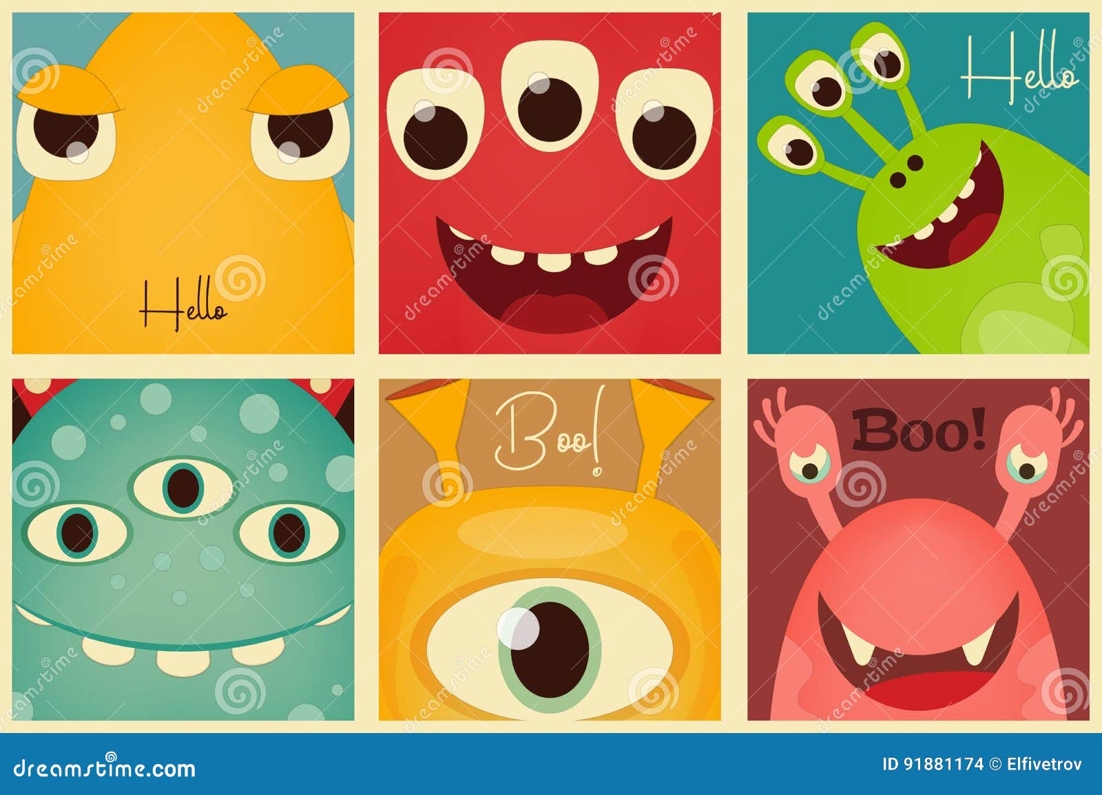 Cartoon Monster Faces Set. stock vector. Illustration of square - 91881174
