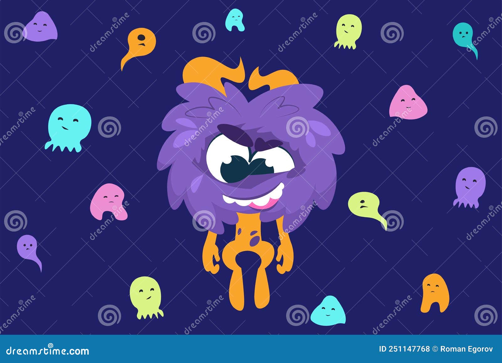 Cartoon Monster Funny And Scary Trolls Flying Colorful Ghosts Angry