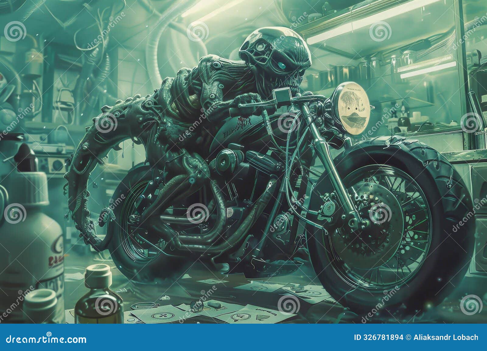 A Cartoon Monster with Tentacles on a Motorcycle. Illustration Stock ...
