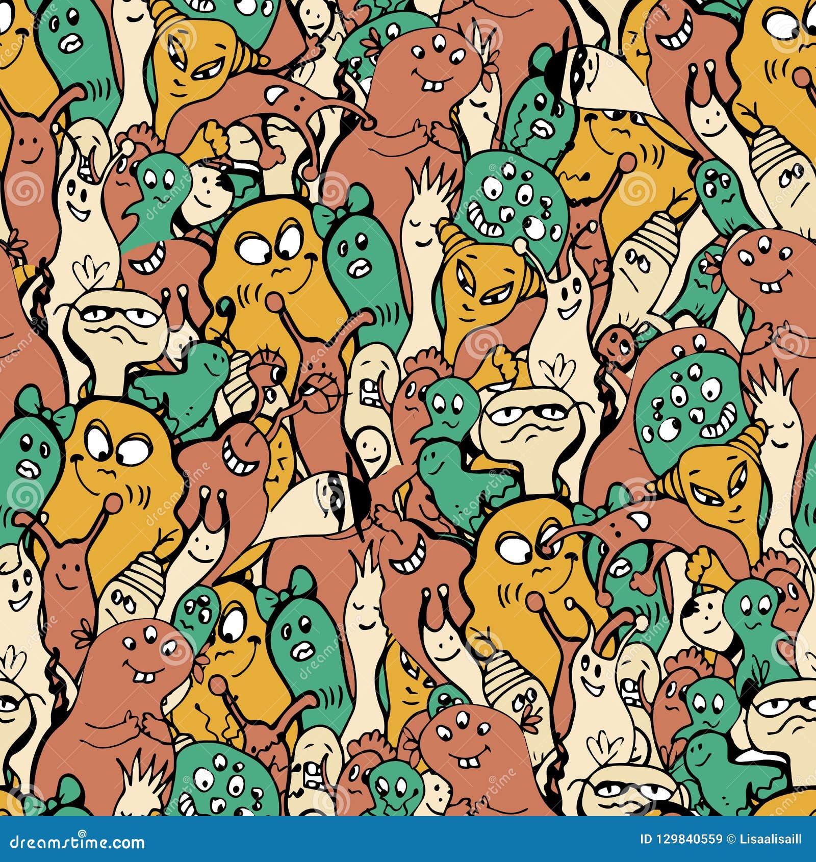 Cartoon Monsters Seamless Pattern, Hand Draw Doodle Vector Illustration ...