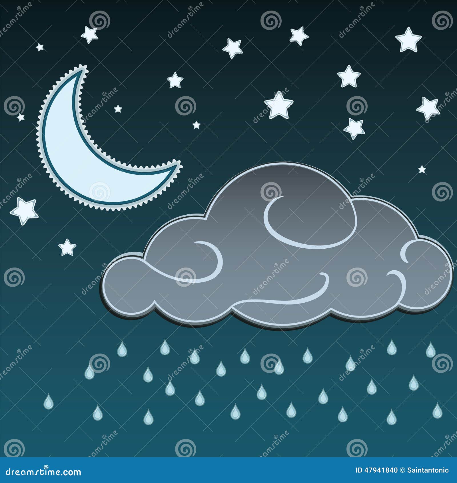 Cartoon Moon and Stars in the Night and Clouds with Rain Drops ...