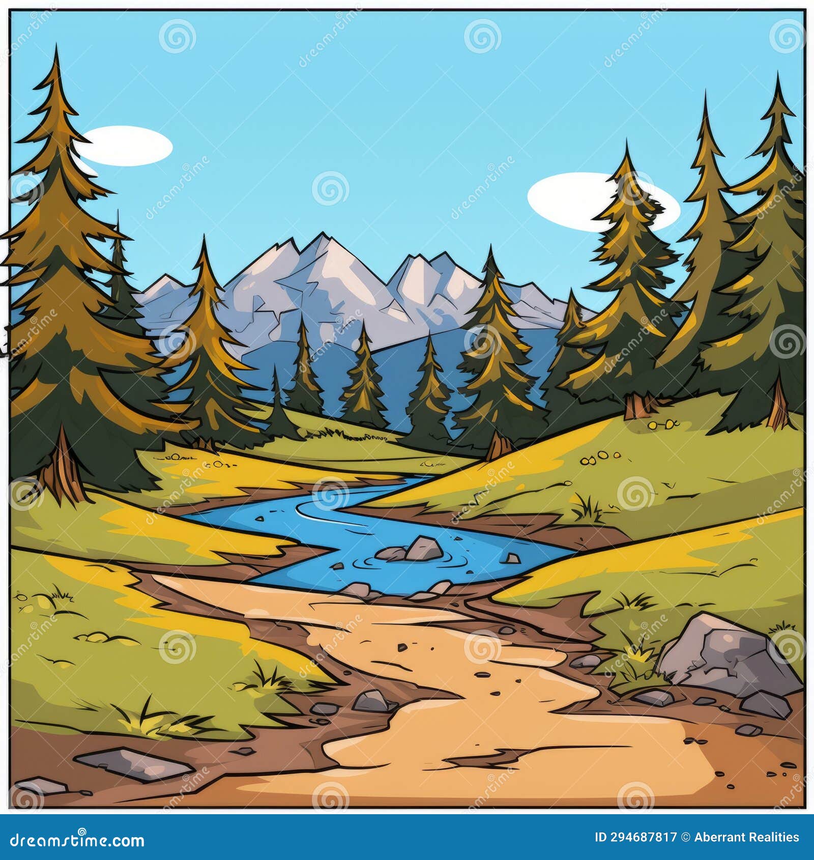 Cartoon Mountain Landscape with Stream and Pine Trees Stock ...