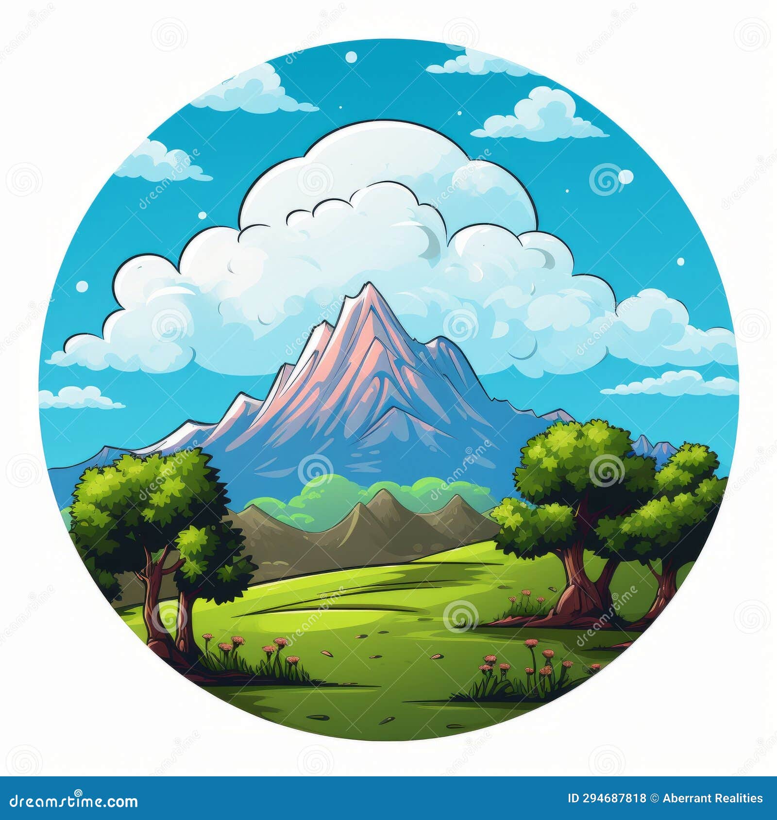 Cartoon Mountain Landscape with Trees and Clouds Stock Illustration ...