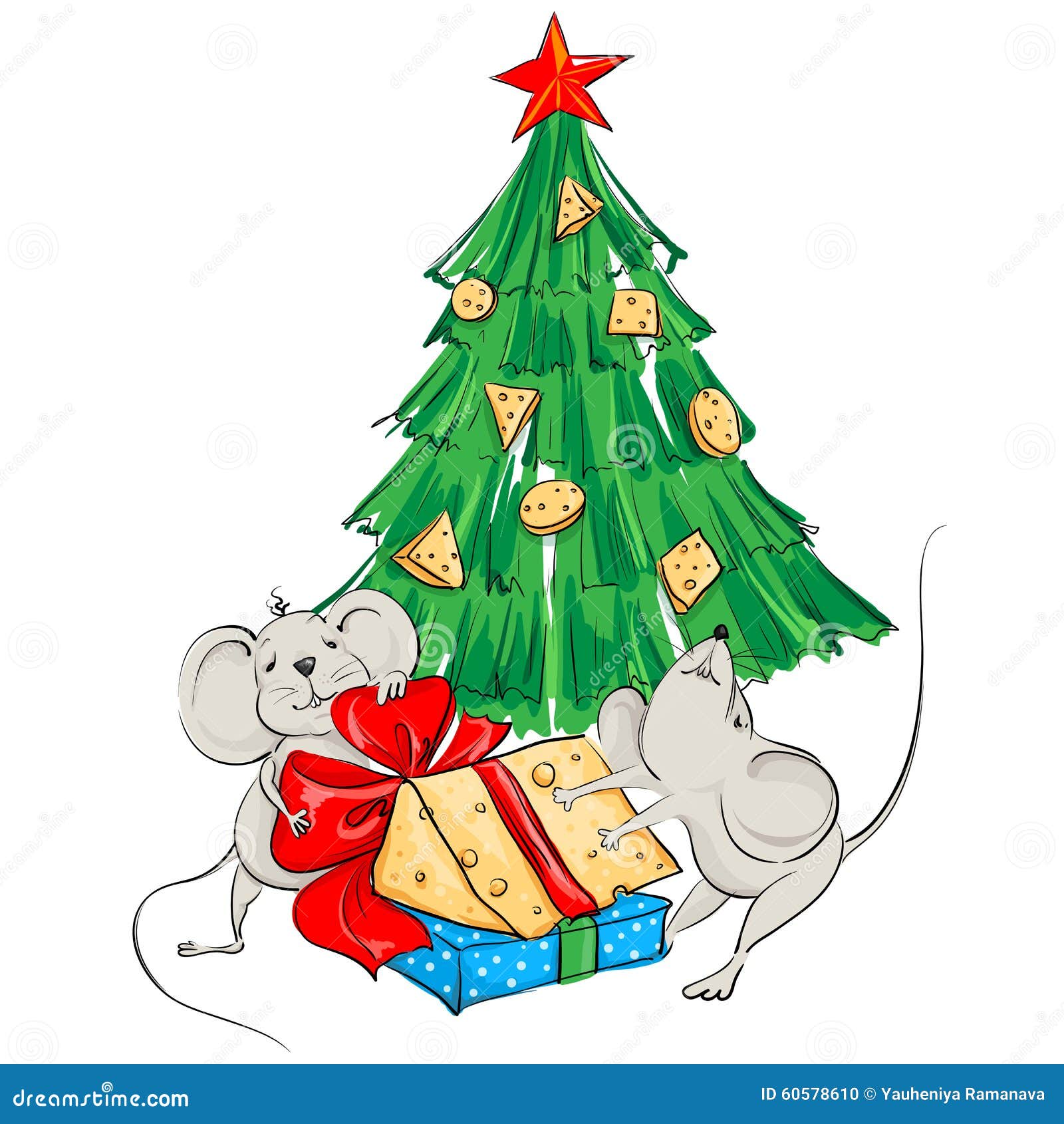 Cartoon Mouse Divide the Cheese Under the Christmas Tree Stock Vector ...
