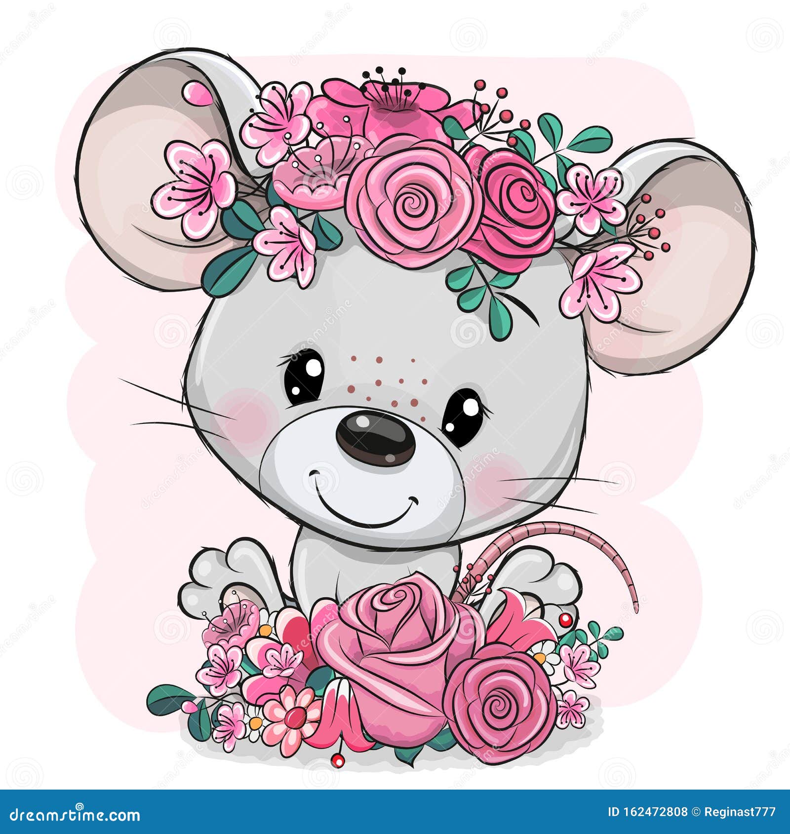 Cartoon Mouse with Flowers on a Pink Background Stock Vector ...