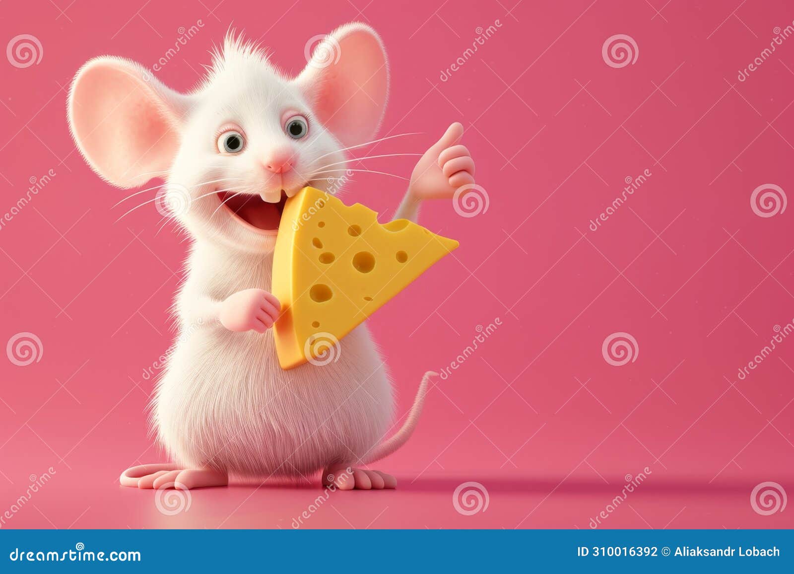 A Cartoon Mouse Holds a Slice of Cheese on a Red Background. 3d ...