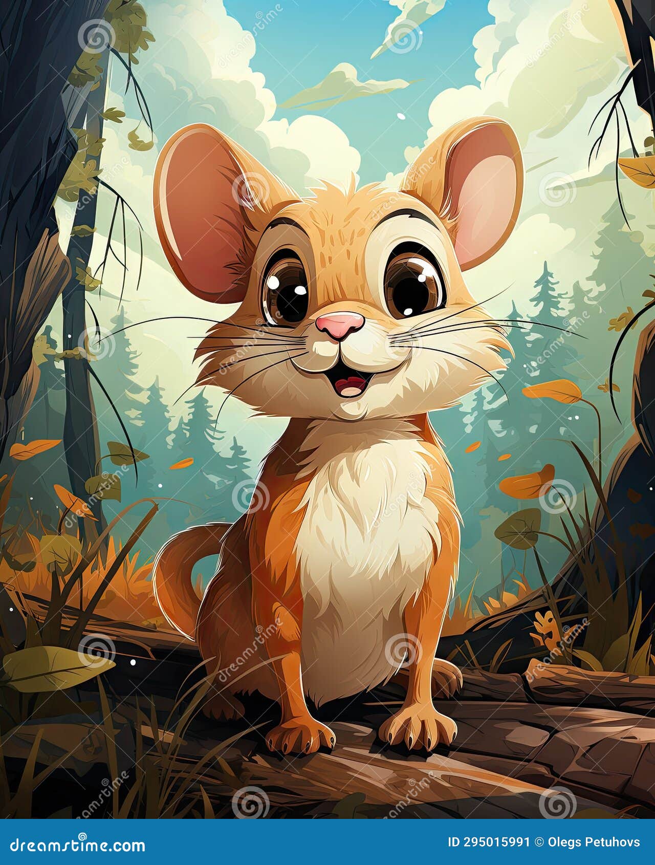 A Cartoon Mouse Sitting on a Log in a Forest with a Sky Background ...