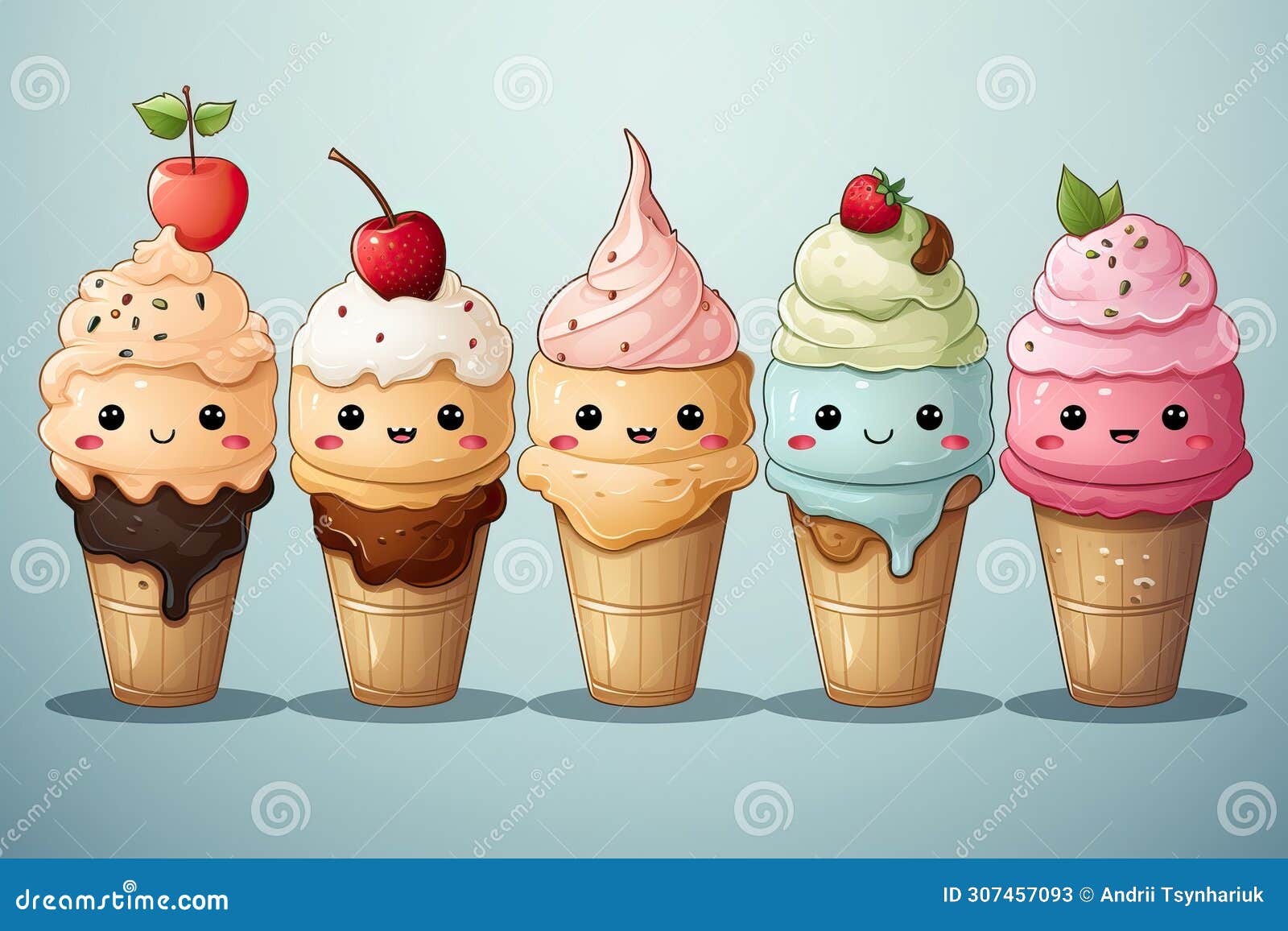 Cartoon Multi-colored Cones with Ice Cream on a Blue Background. Stock ...