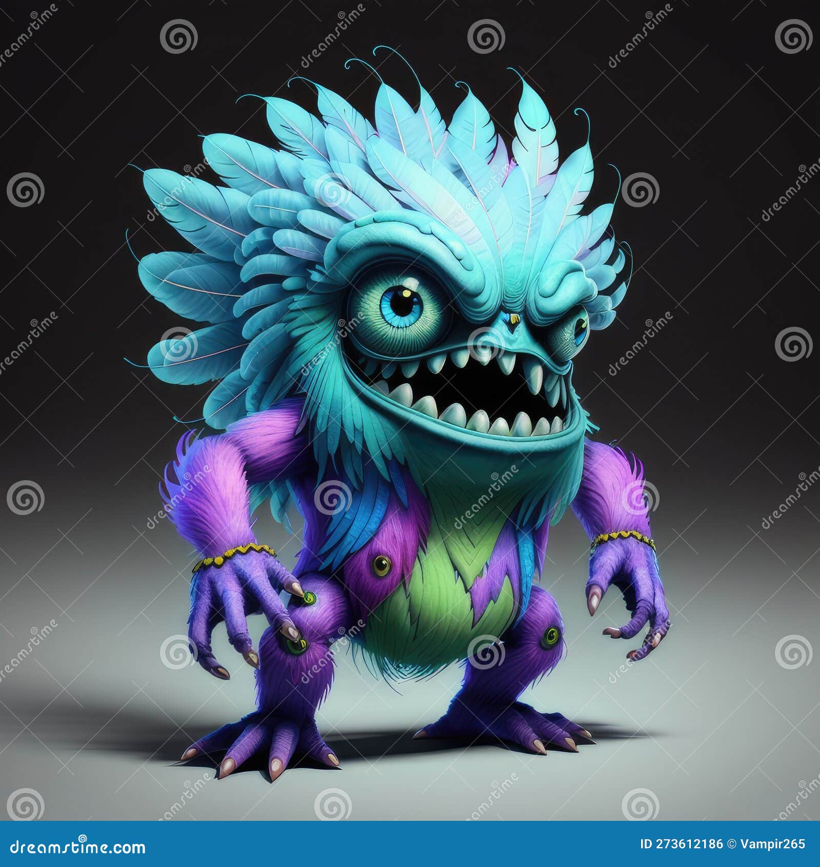 A Cartoon, Multicolored Monster with Teeth, Feathers. on a Solid ...
