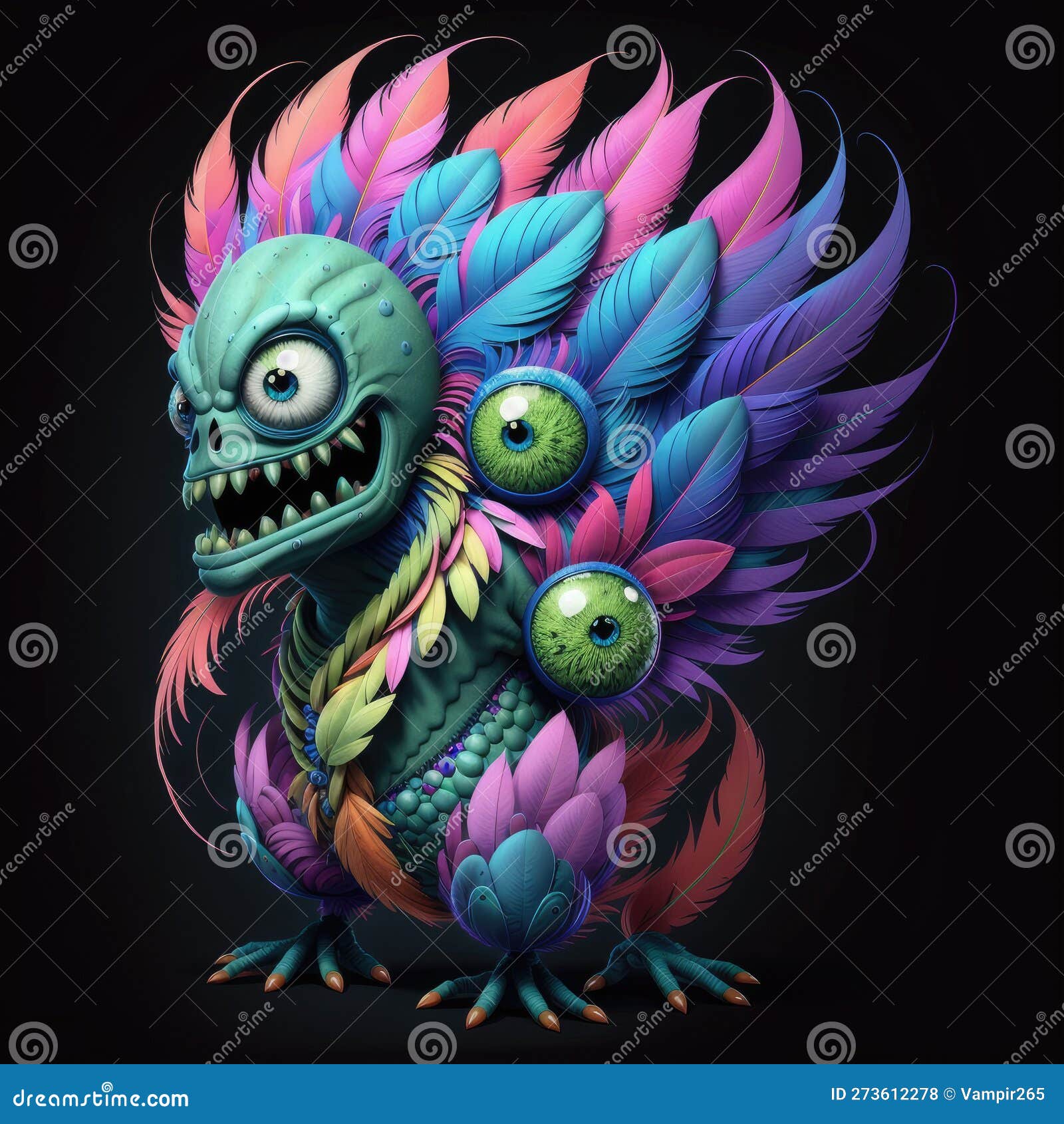 A Cartoon, Multicolored Monster with Teeth, Feathers. on a Solid ...