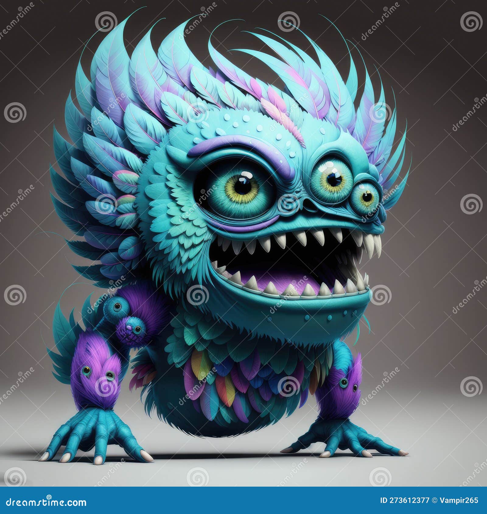 A Cartoon, Multicolored Monster with Teeth, Feathers. on a Solid ...