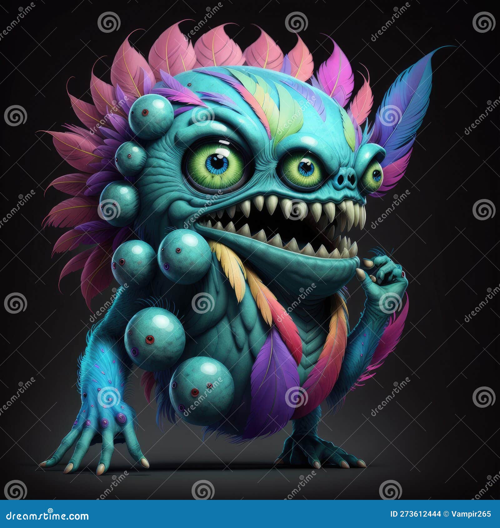 A Cartoon, Multicolored Monster with Teeth, Feathers. on a Solid ...