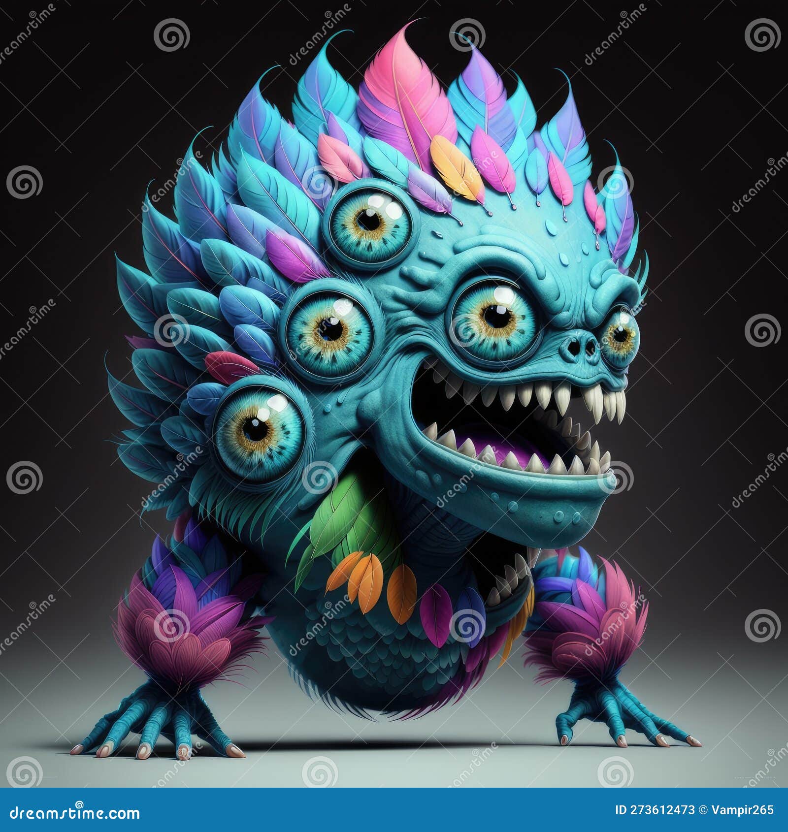 A Cartoon, Multicolored Monster with Teeth, Feathers. on a Solid ...
