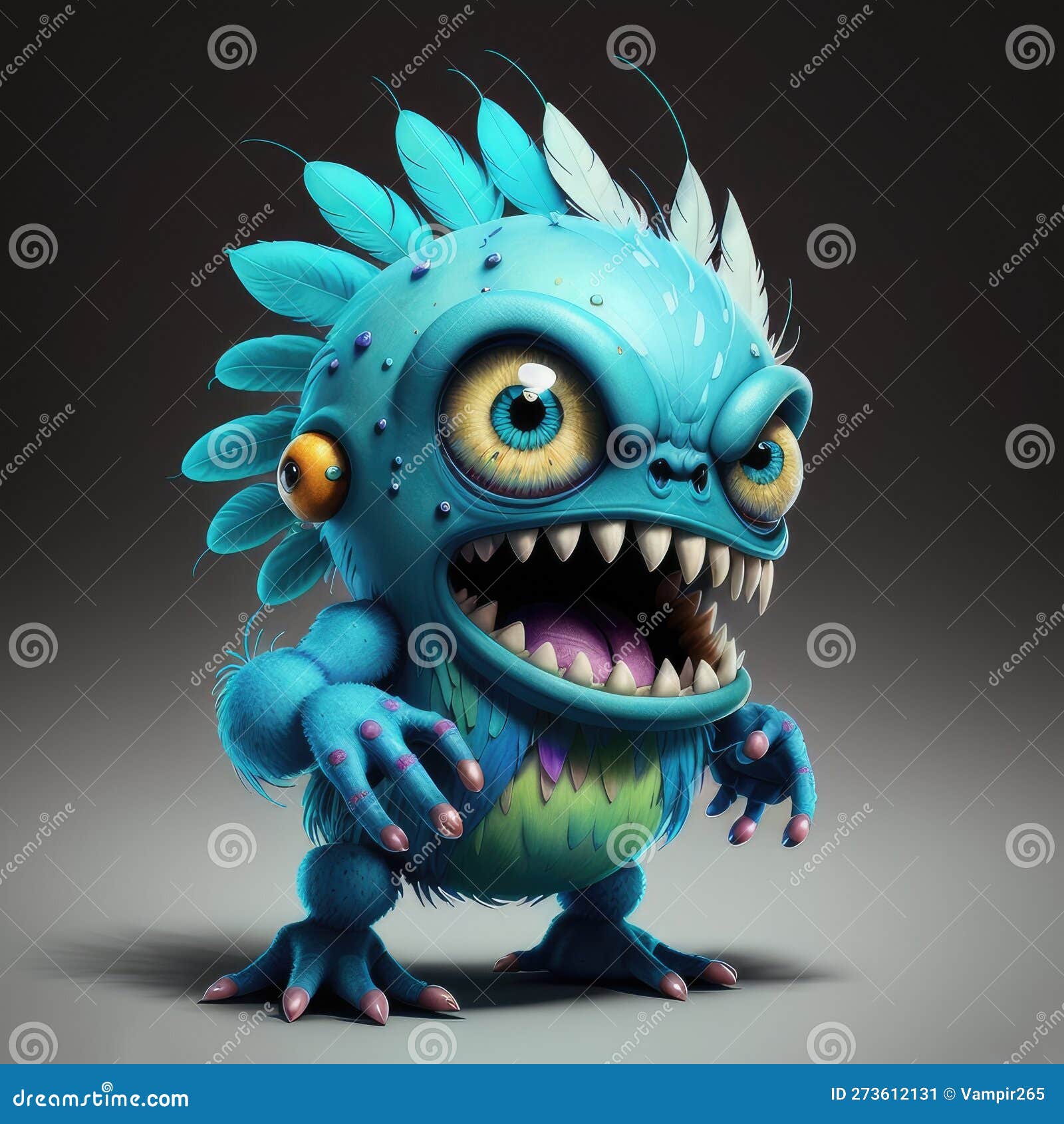 A Cartoon, Multicolored Monster with Teeth, Feathers. on a Solid ...