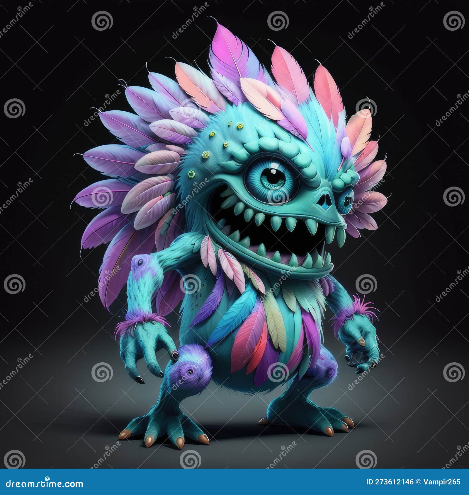 A Cartoon, Multicolored Monster with Teeth, Feathers. on a Solid ...
