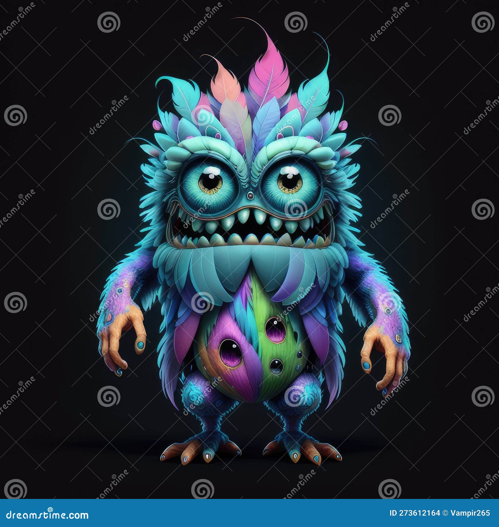 A Cartoon, Multicolored Monster with Teeth, Feathers. on a Solid ...