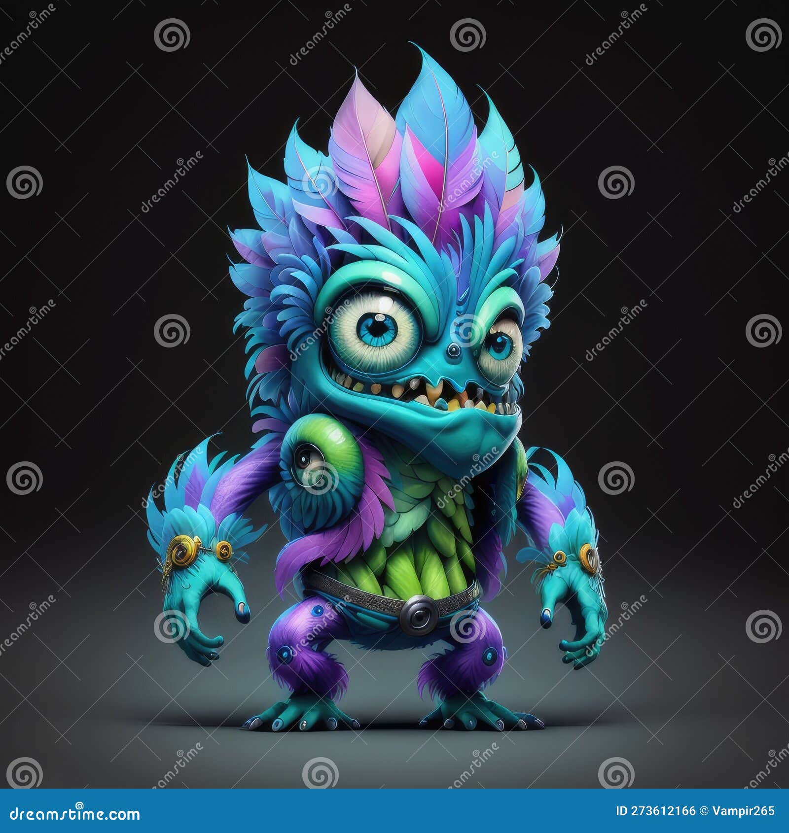 A Cartoon, Multicolored Monster with Teeth, Feathers. on a Solid ...