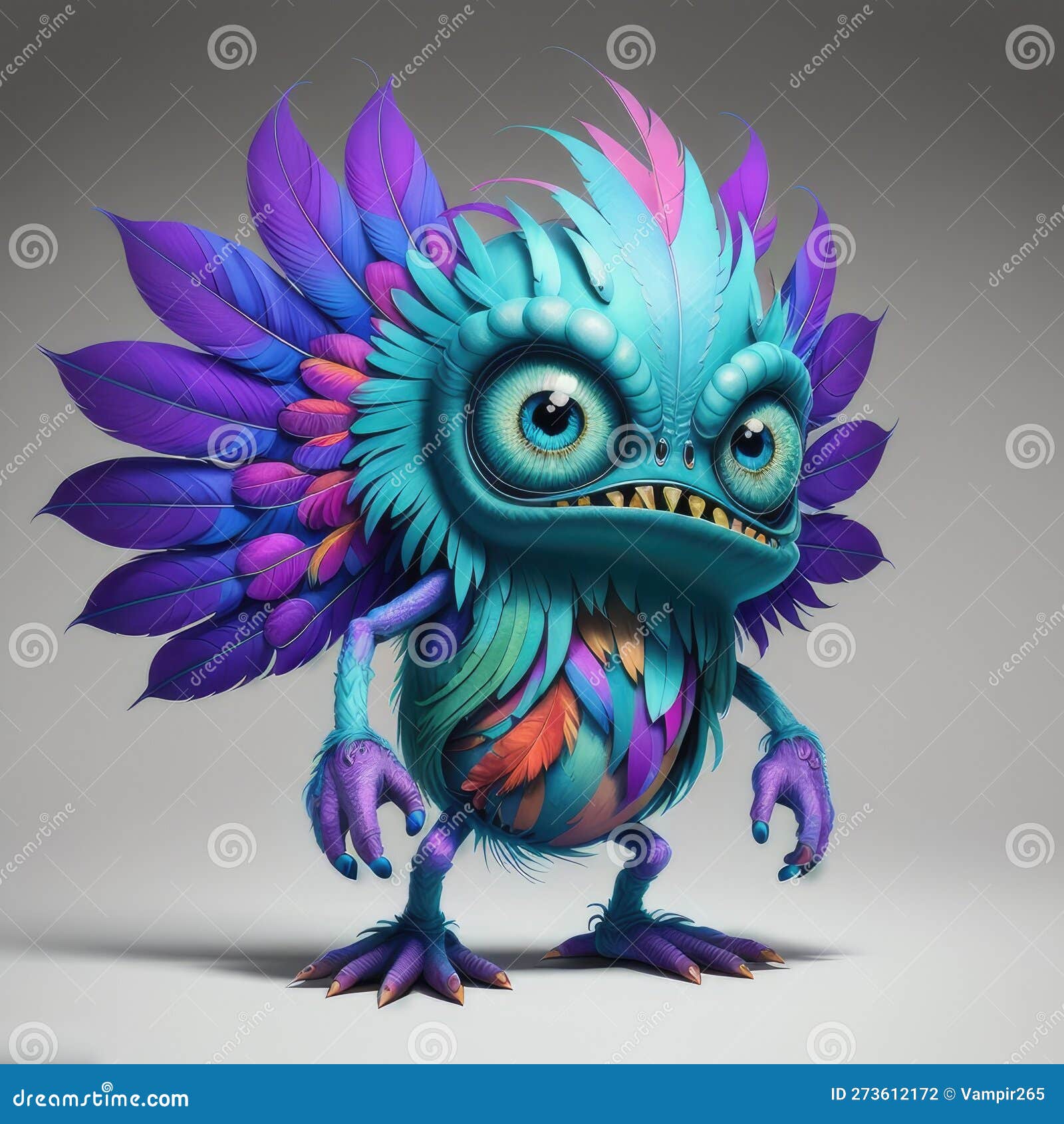 A Cartoon, Multicolored Monster with Teeth, Feathers. on a Solid ...