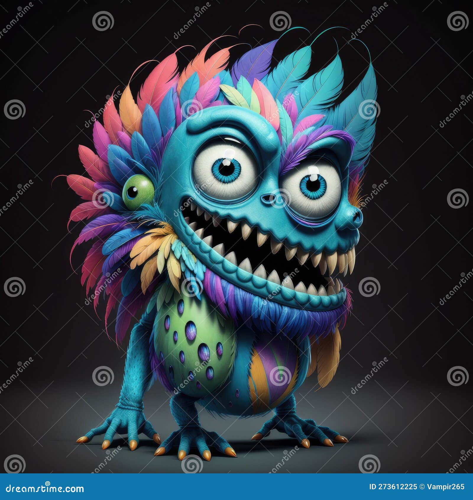 A Cartoon, Multicolored Monster with Teeth, Feathers. on a Solid ...