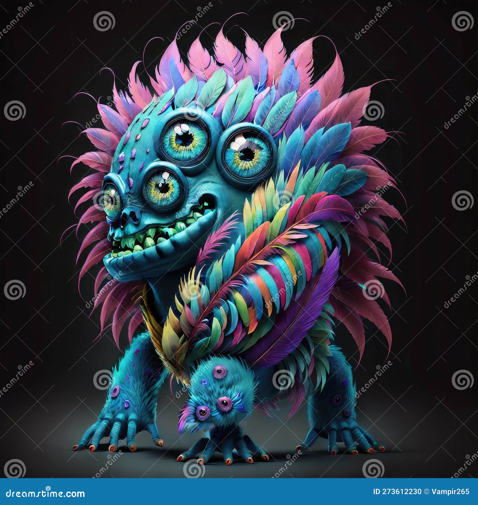 A Cartoon, Multicolored Monster with Teeth, Feathers. on a Solid ...
