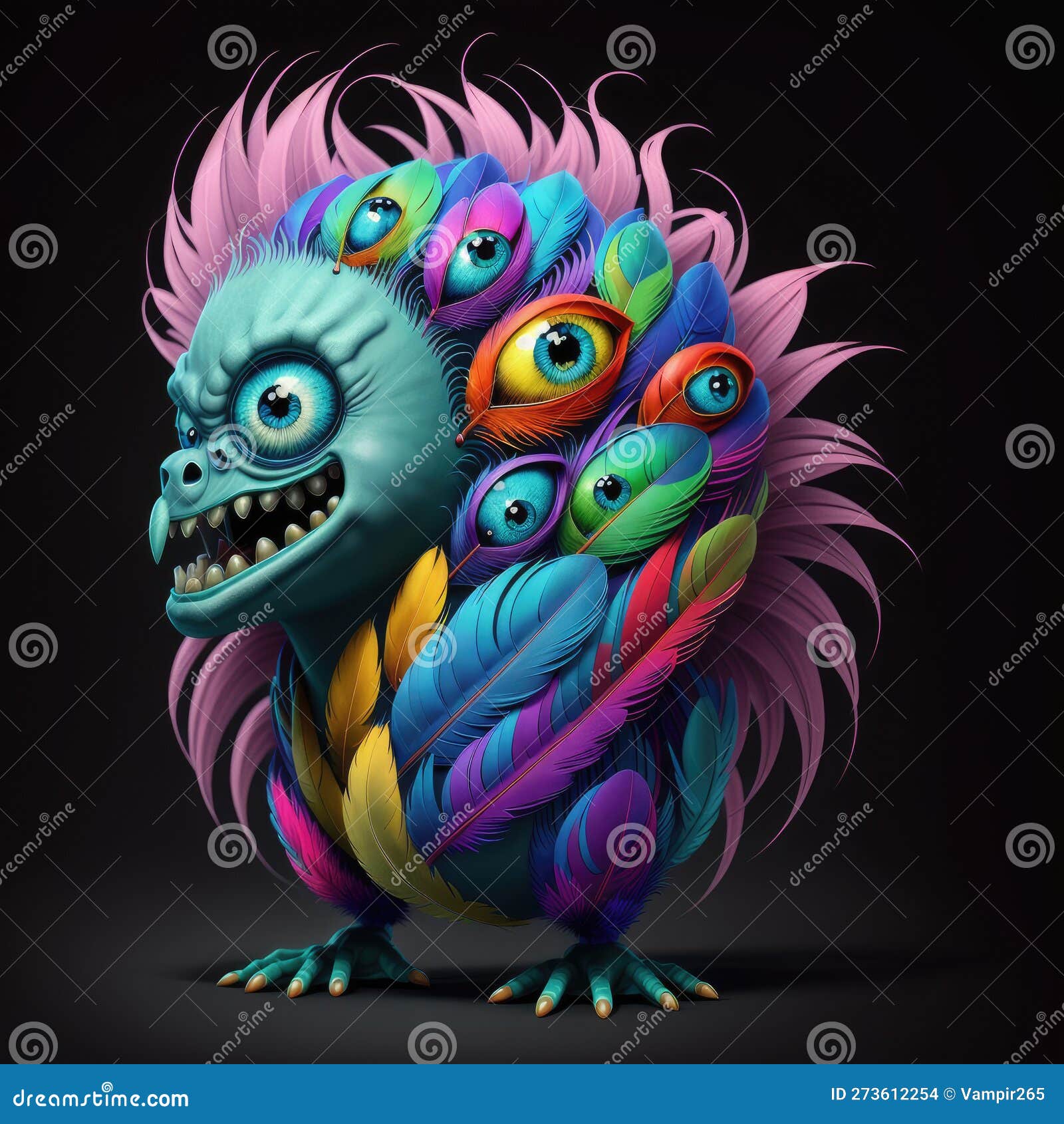 A Cartoon, Multicolored Monster with Teeth, Feathers. on a Solid ...