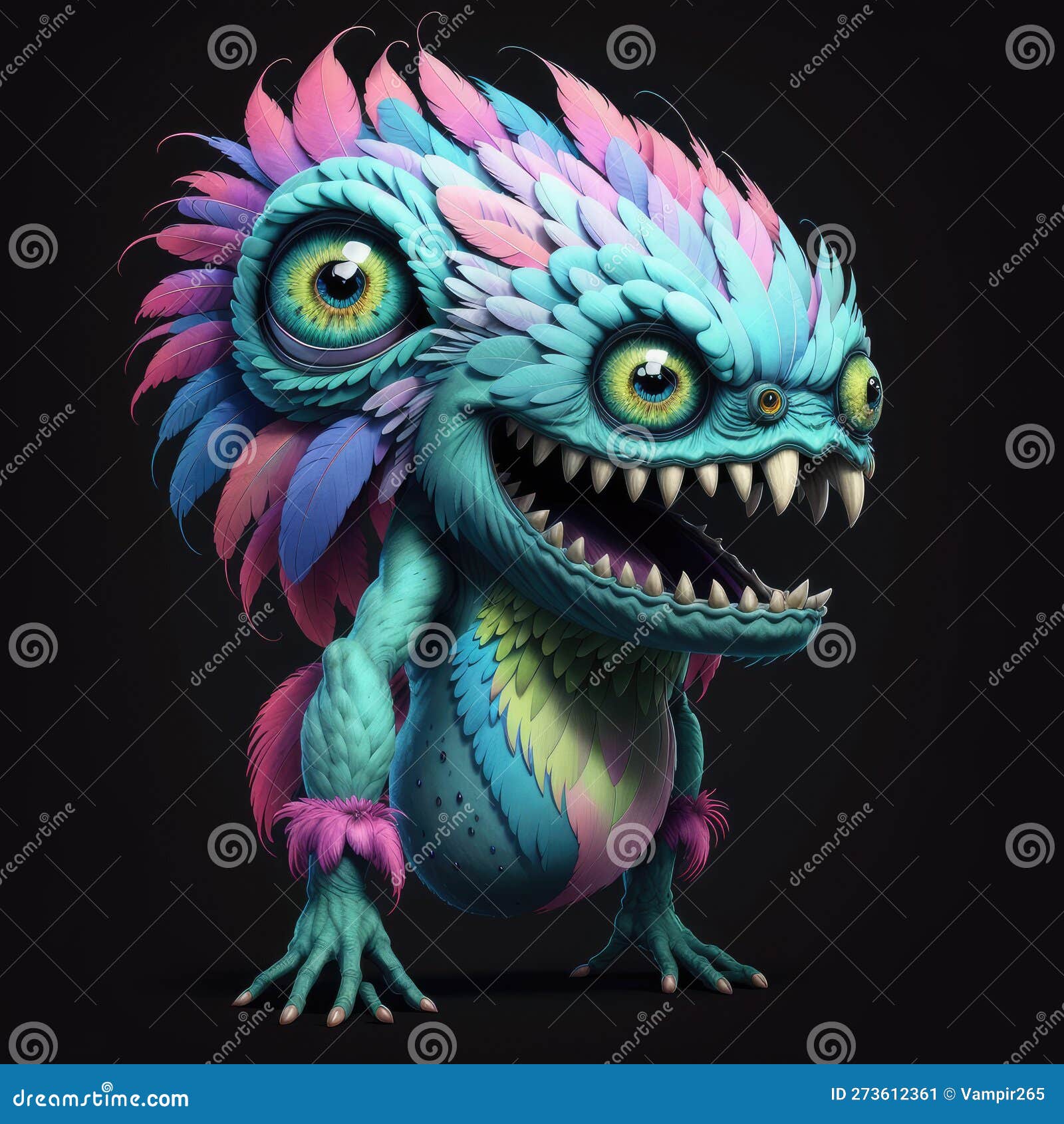 A Cartoon, Multicolored Monster with Teeth, Feathers. on a Solid ...