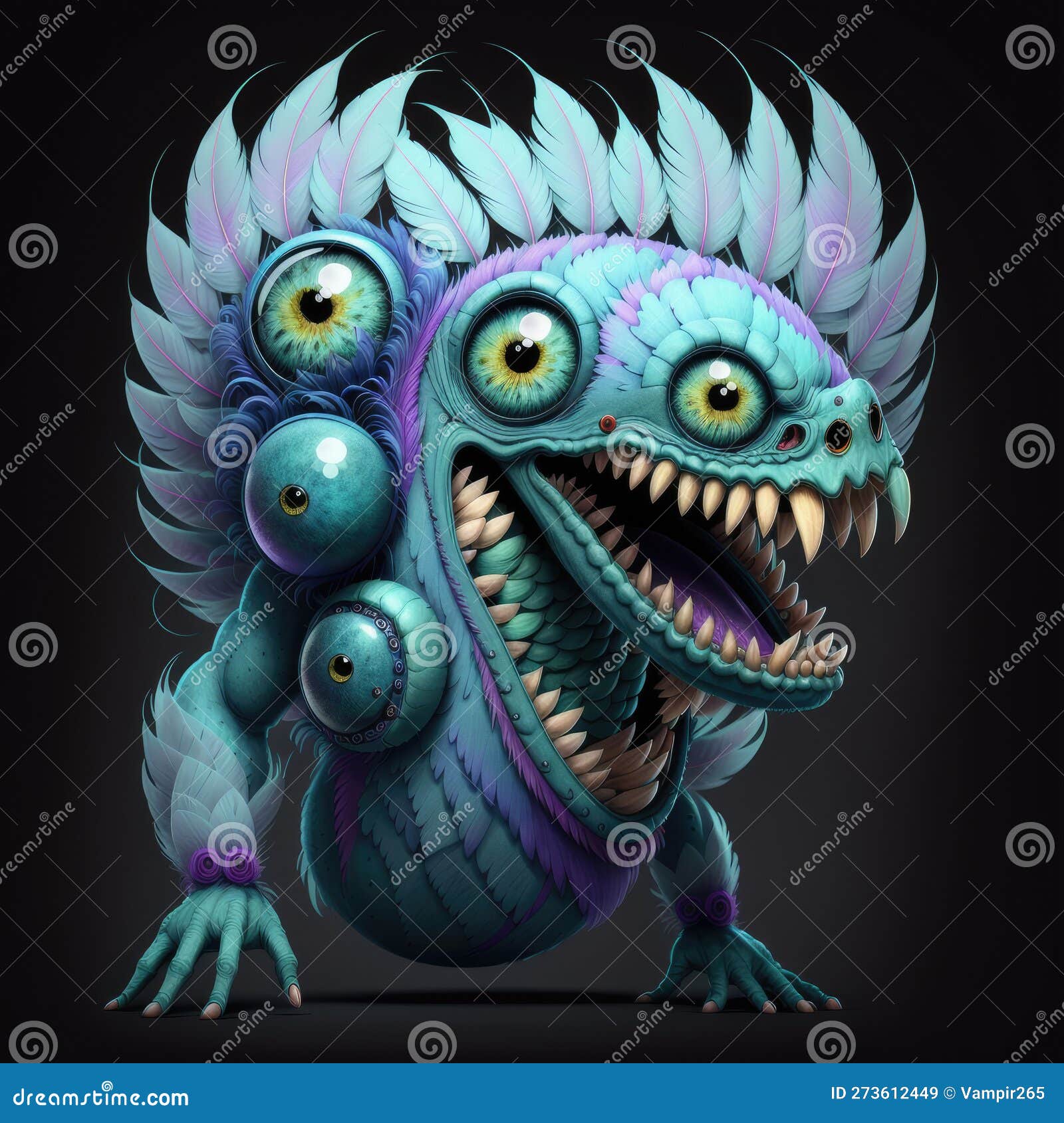A Cartoon, Multicolored Monster with Teeth, Feathers. on a Solid ...
