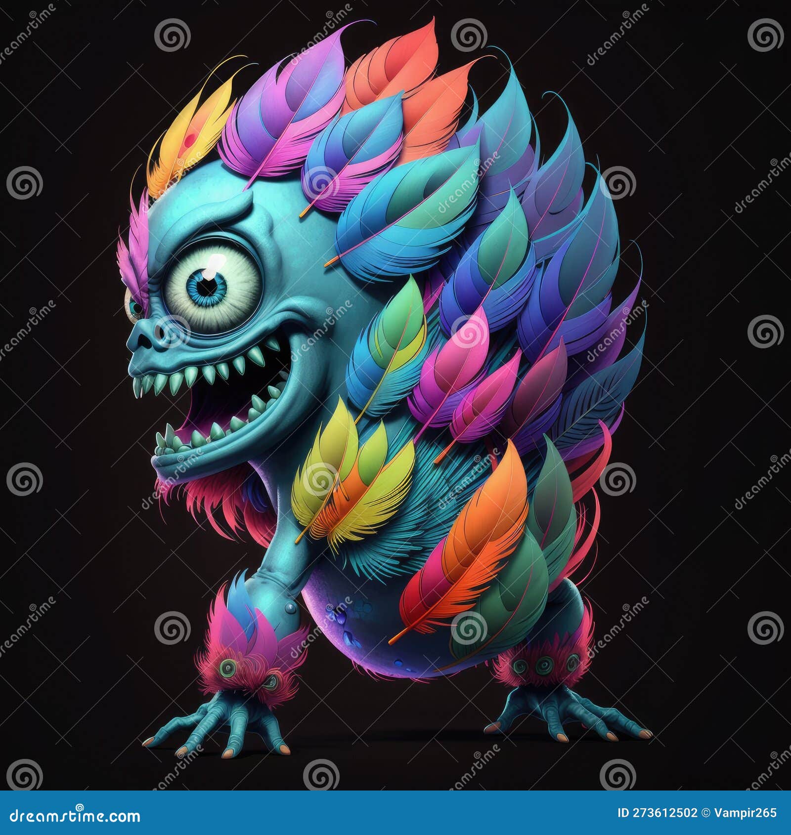 A Cartoon, Multicolored Monster with Teeth, Feathers. on a Solid ...