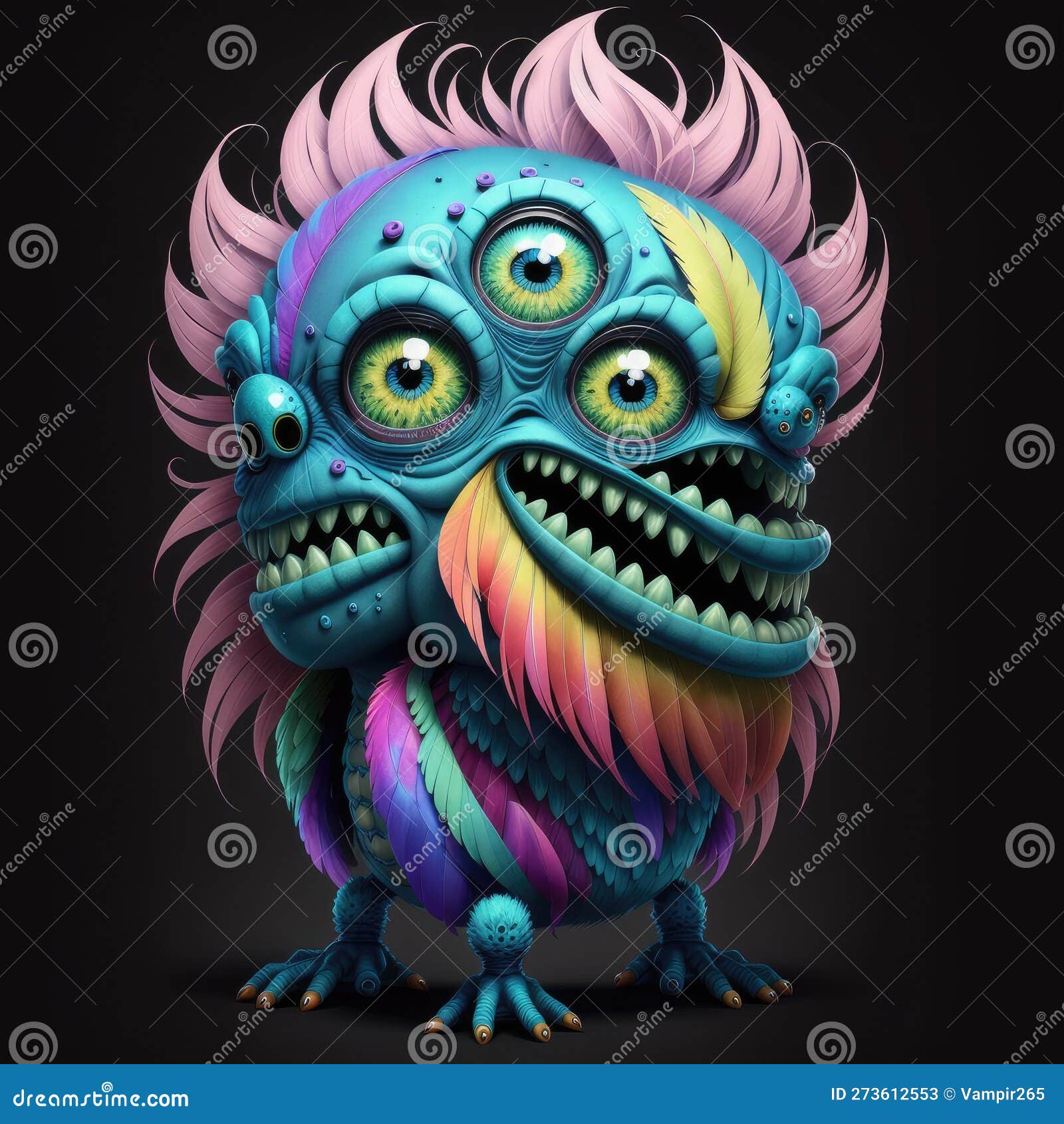 A Cartoon, Multicolored Monster with Teeth, Feathers. on a Solid ...