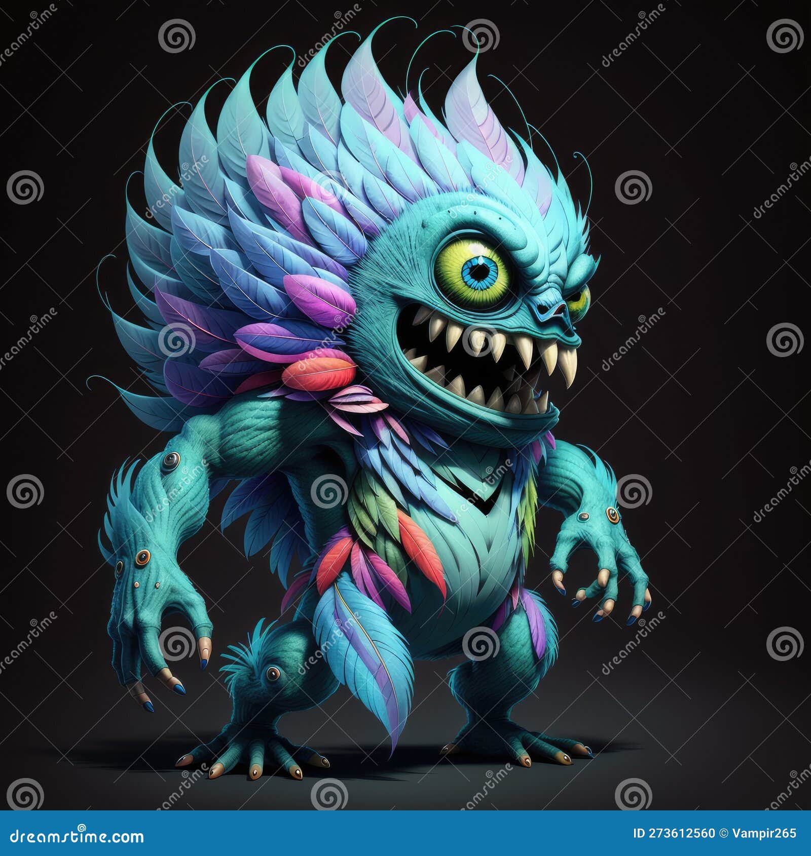 A Cartoon, Multicolored Monster with Teeth, Feathers. on a Solid ...