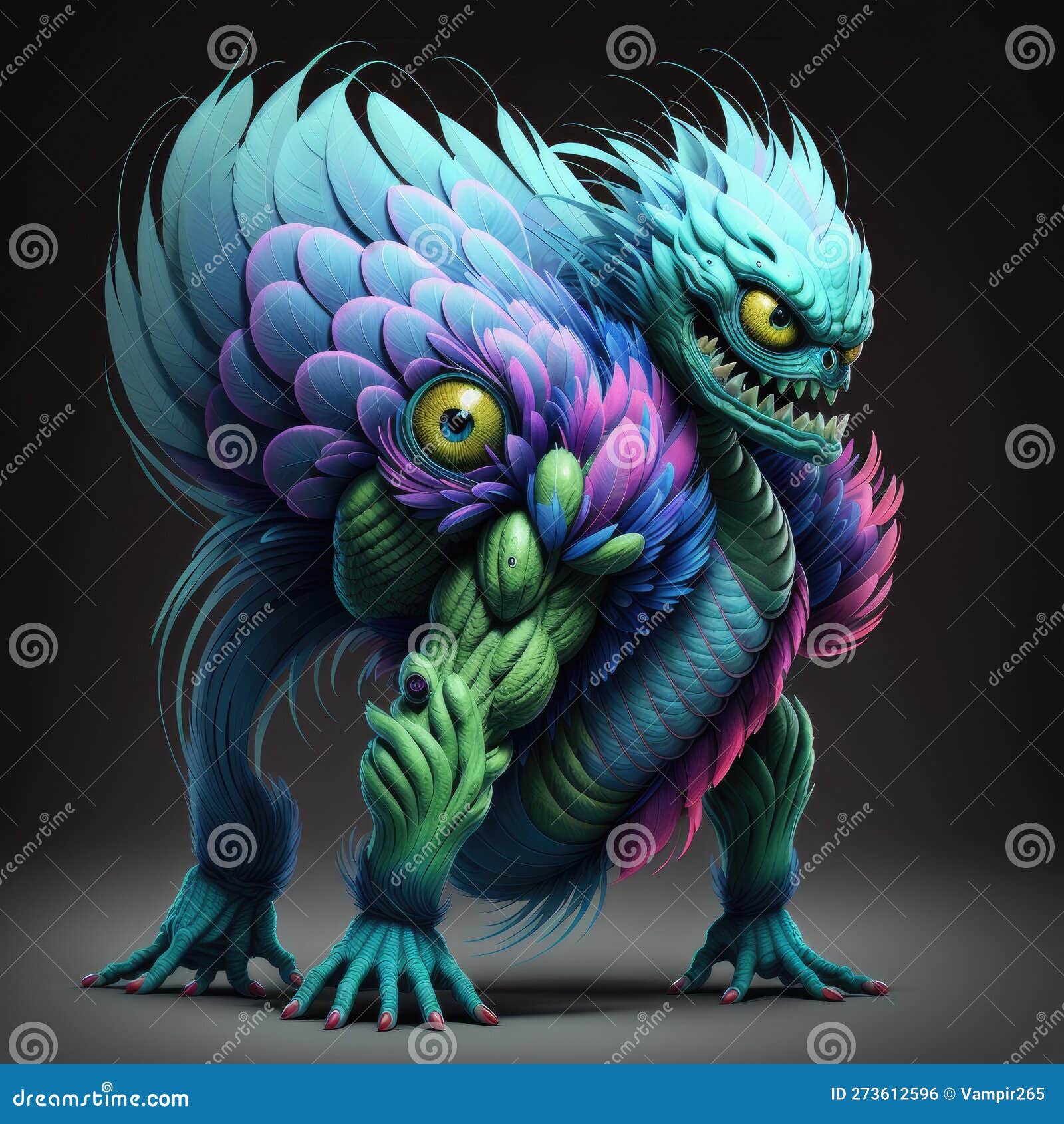 A Cartoon, Multicolored Monster with Teeth, Feathers. on a Solid ...