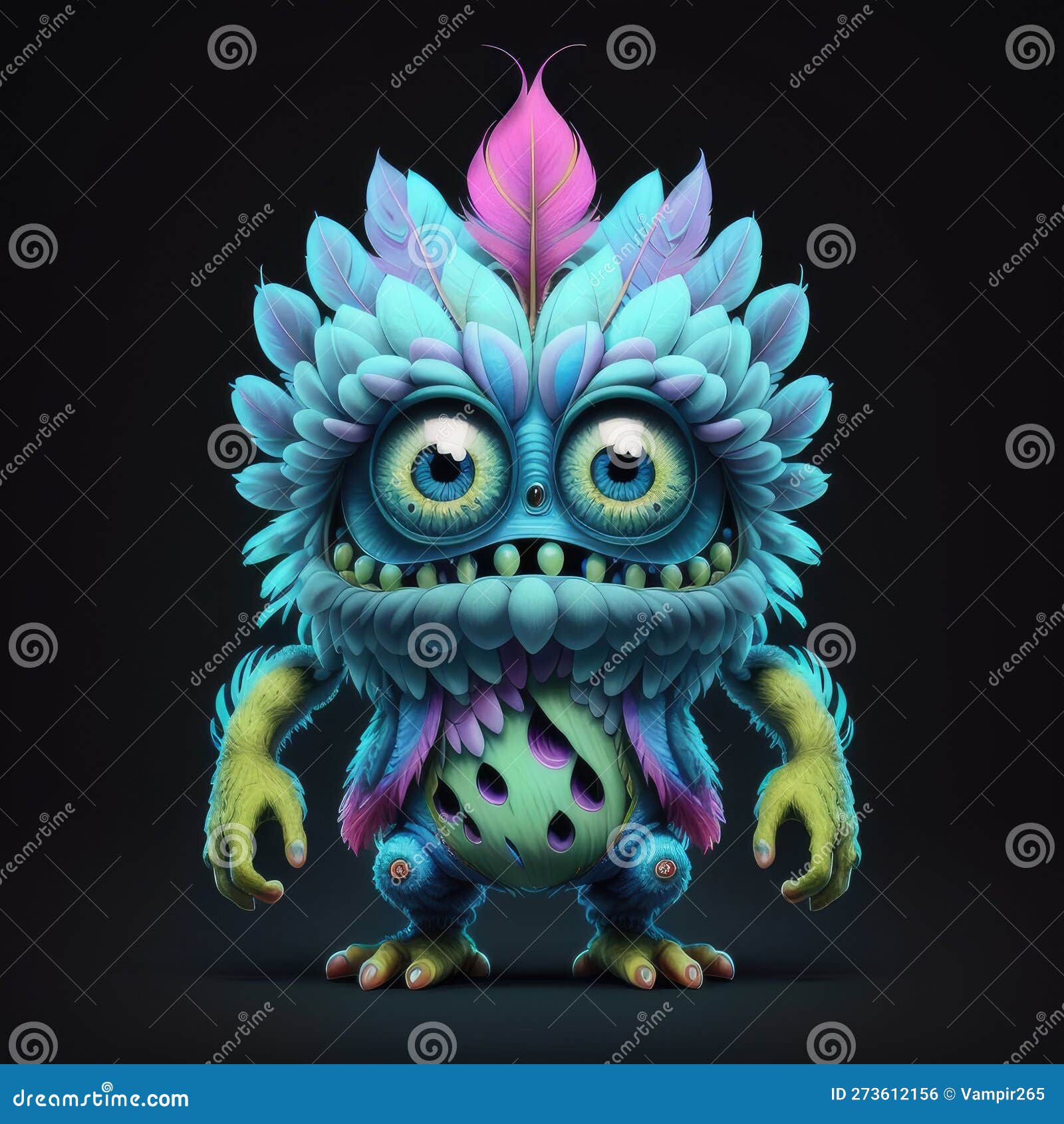 A Cartoon, Multicolored Monster with Teeth, Feathers. on a Solid ...