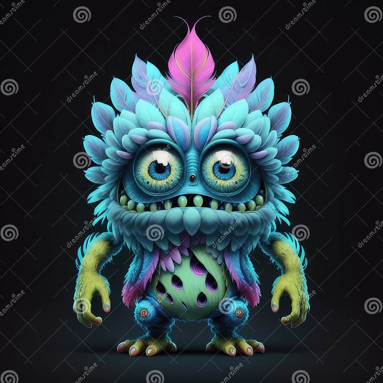 A Cartoon, Multicolored Monster with Teeth, Feathers. on a Solid Background Stock Illustration ...