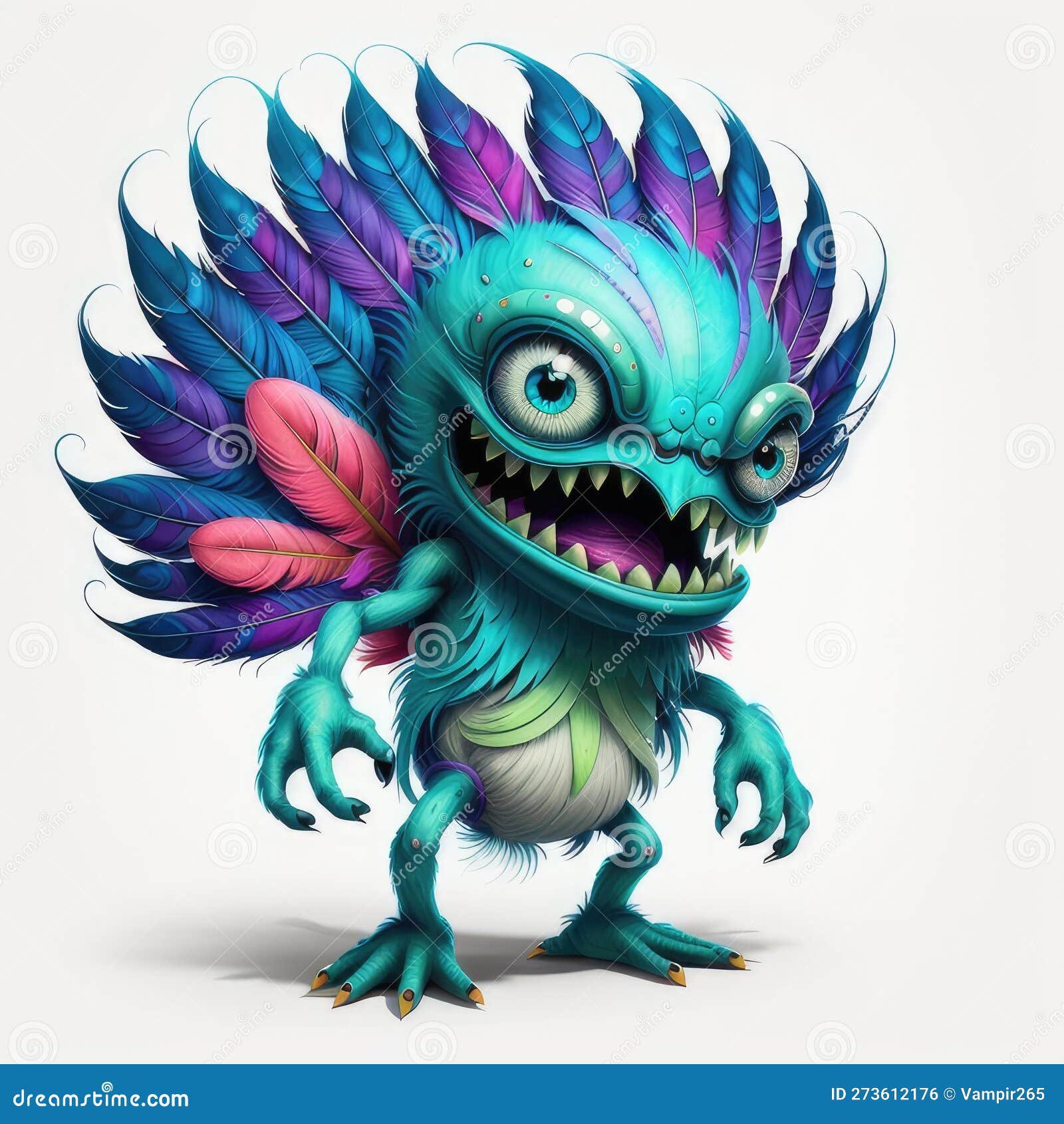 A Cartoon, Multicolored Monster with Teeth, Feathers. on a Solid ...