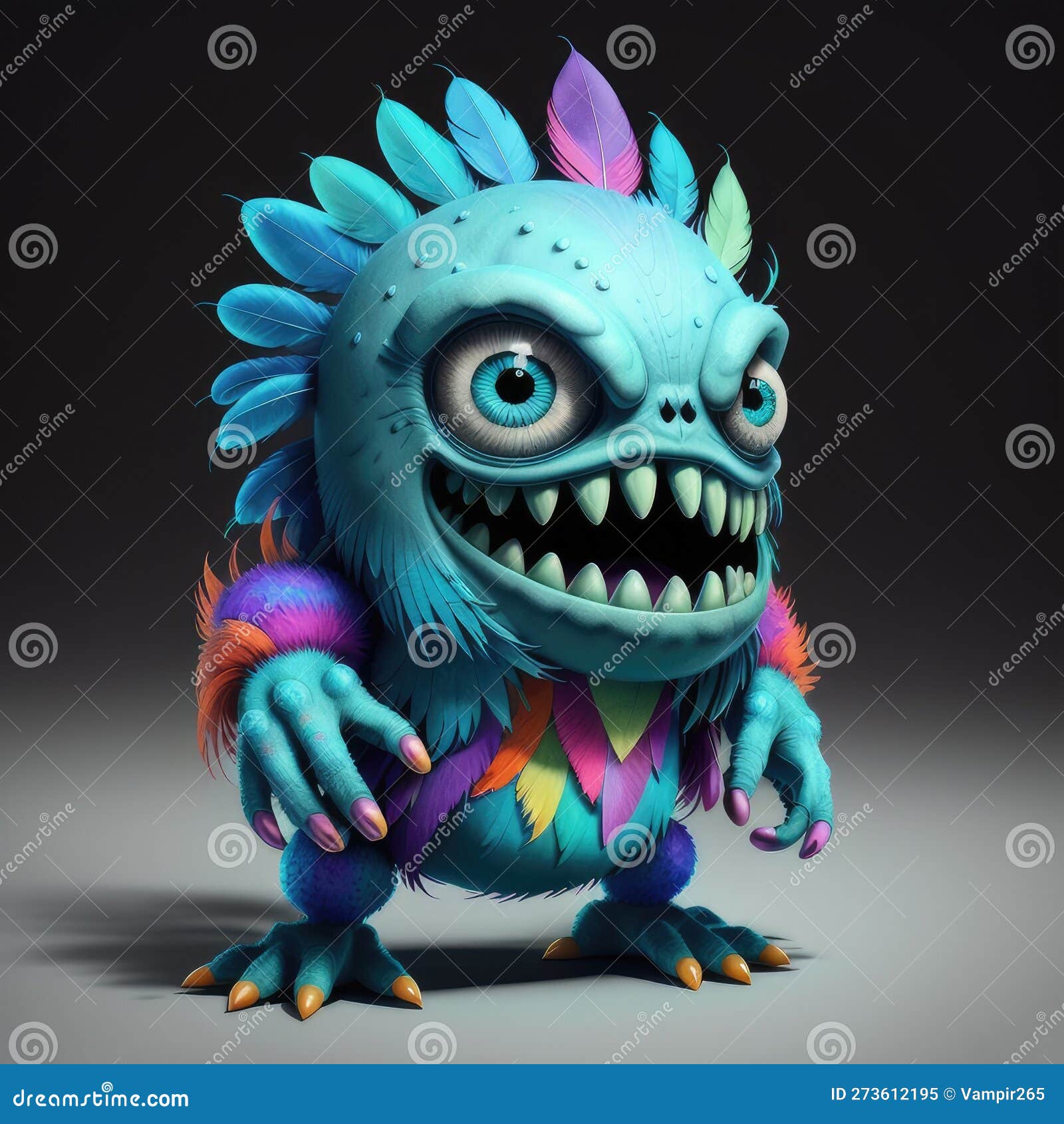A Cartoon, Multicolored Monster with Teeth, Feathers. on a Solid ...