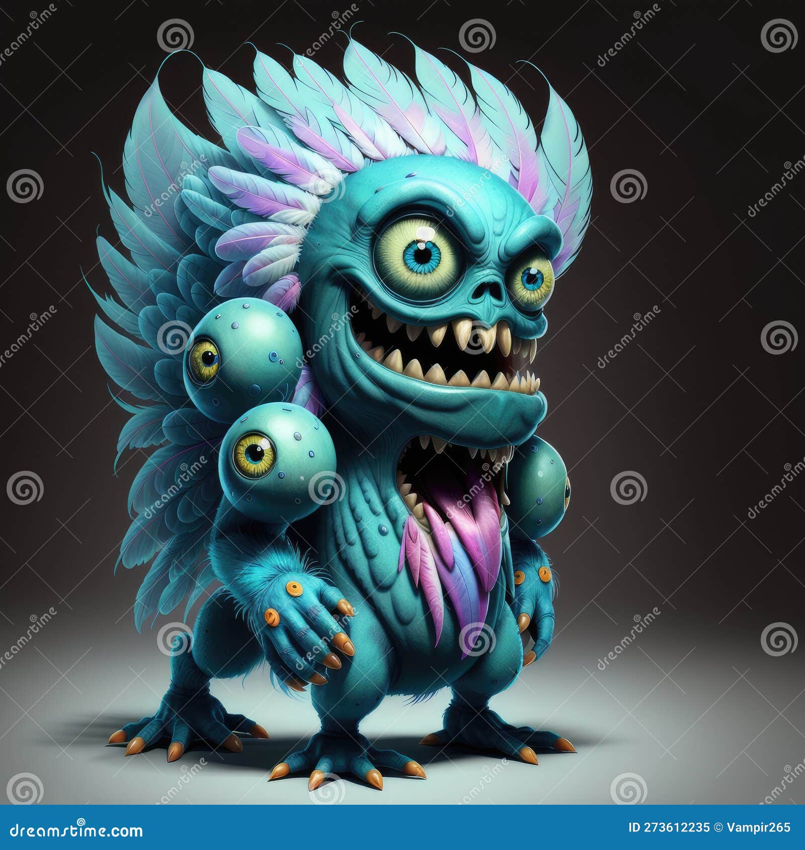 A Cartoon, Multicolored Monster with Teeth, Feathers. on a Solid ...