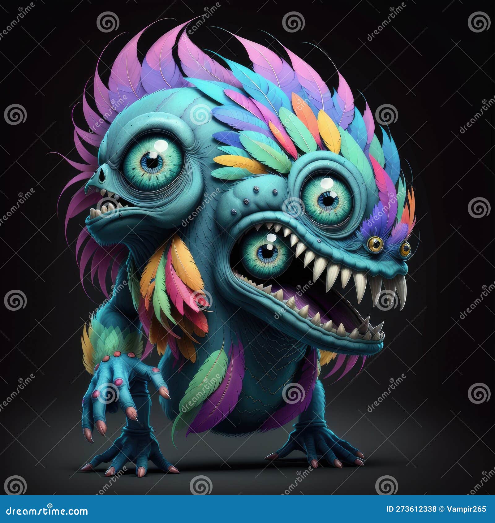 A Cartoon, Multicolored Monster with Teeth, Feathers. on a Solid ...