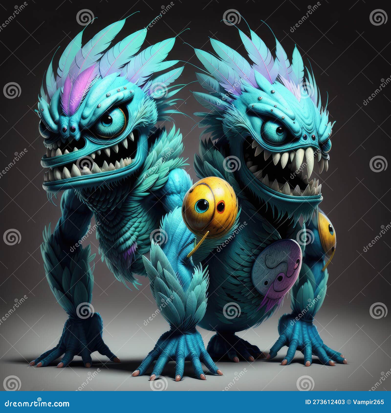 A Cartoon, Multicolored Monster with Teeth, Feathers. on a Solid ...