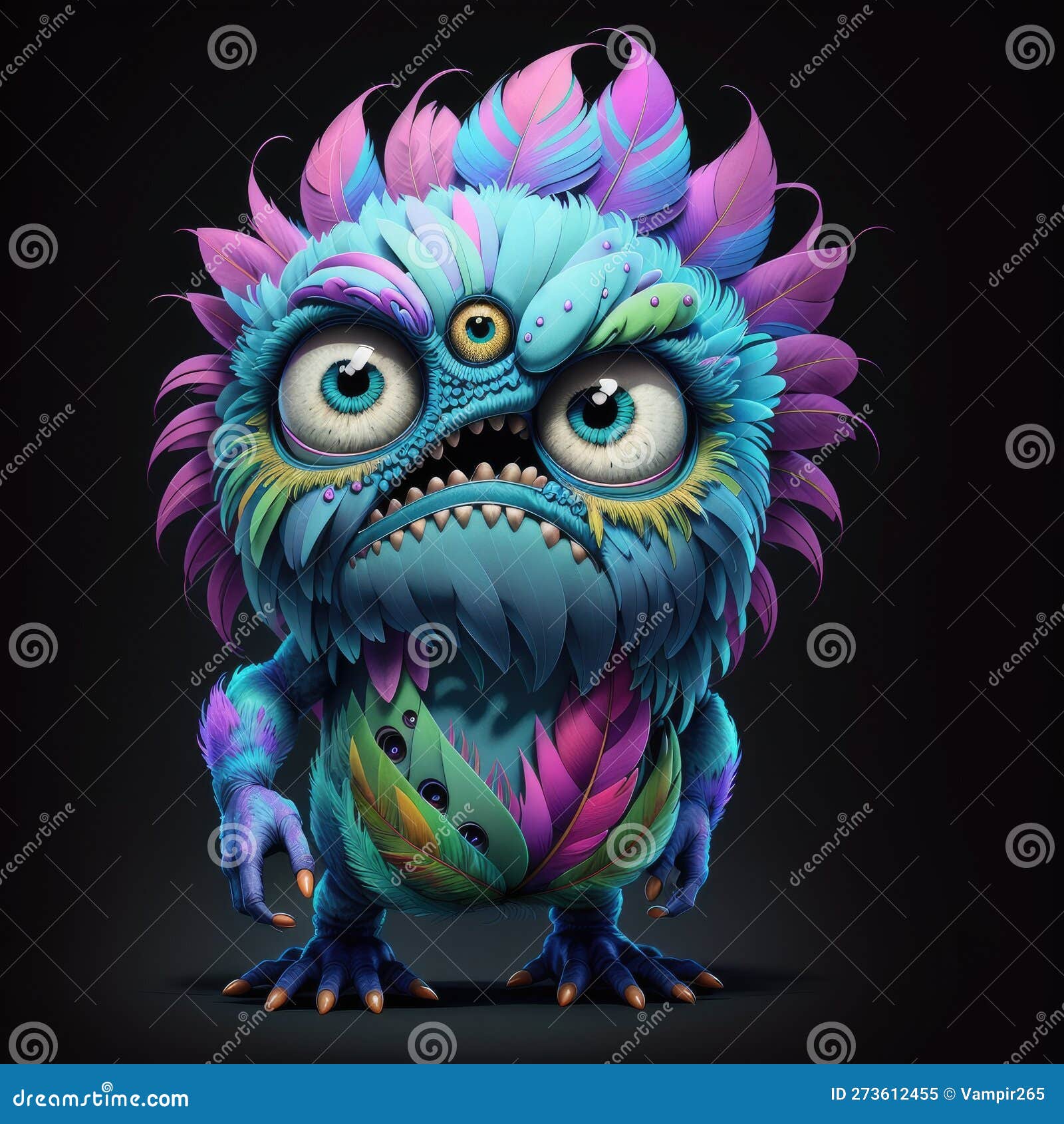 A Cartoon, Multicolored Monster with Teeth, Feathers. on a Solid ...